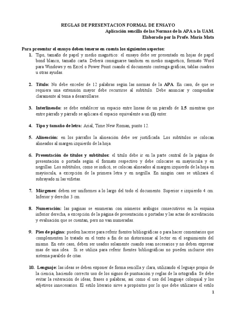 Reglas de Presentacion Formal de Ensayo | PDF | Ensayos | Citación