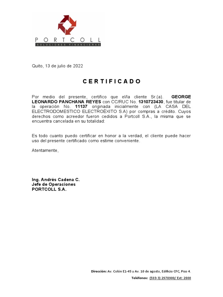 Modelo de Certificado de No Adeudar | PDF