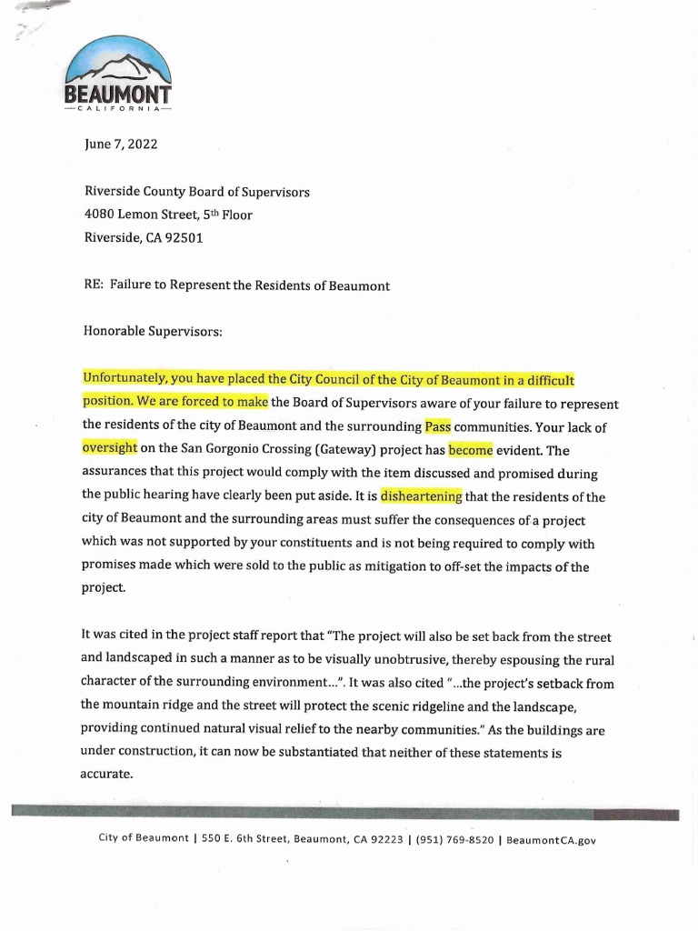 Beaumont City Council Letter To Riverside County Board of Supervisors | PDF
