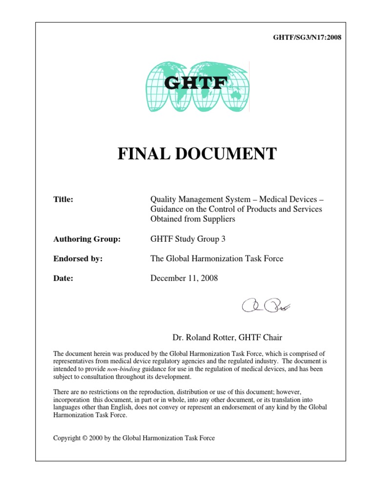 GHTF Supplier Controlsg3final N17 | PDF | Medical Device | Risk Management