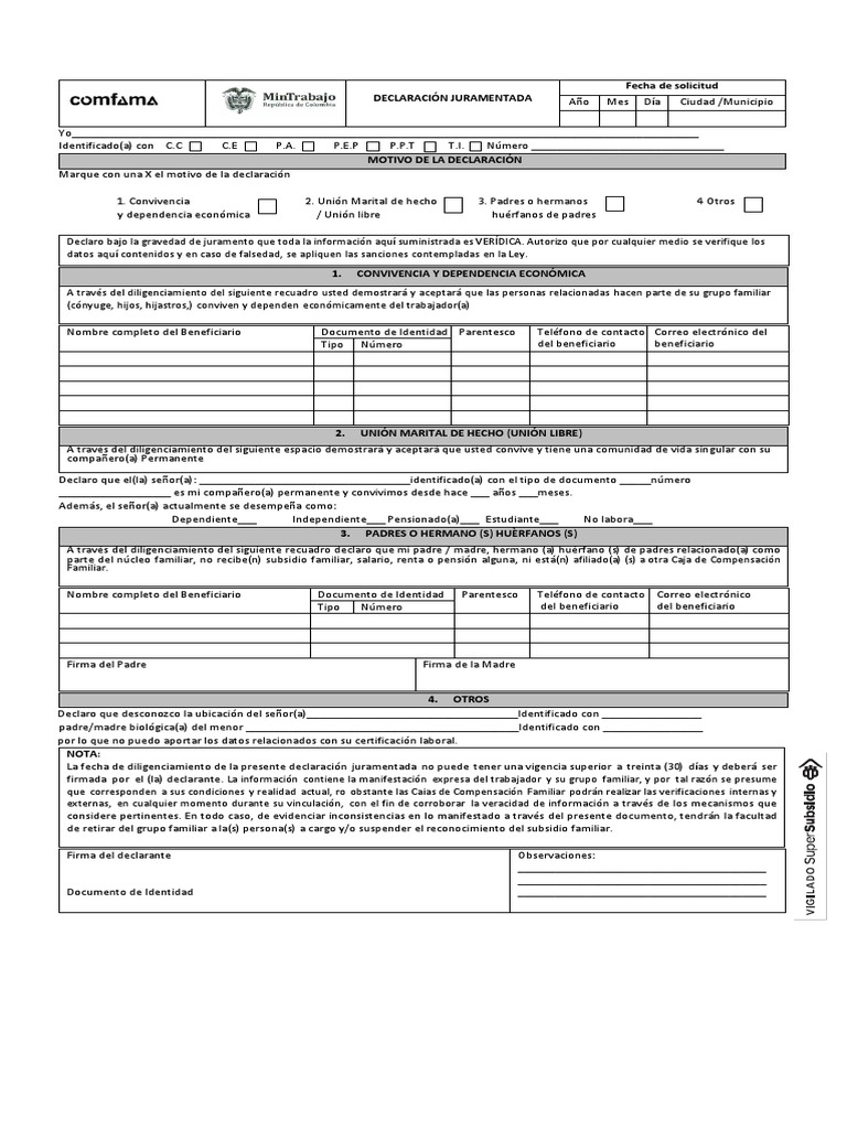 Declaración Juramentada Comfama | PDF | Asociación doméstica
