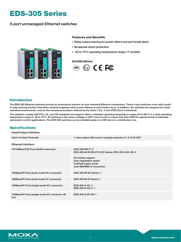 EDS-305 Series: 5-Port Unmanaged Ethernet Switches | PDF | Computer ...