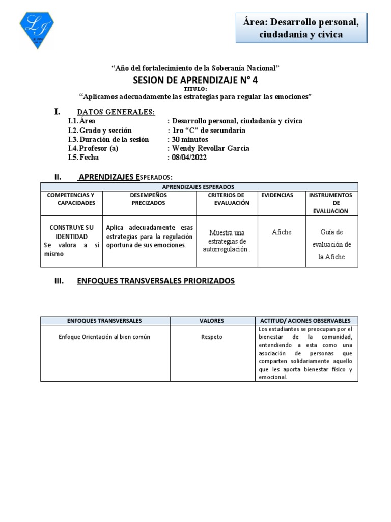 Sesión N°4 Dpcc-Semana 4-1ro | PDF | Evaluación | Las emociones