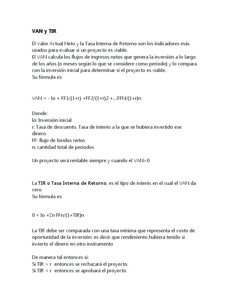 VAN y TIR | PDF | Tasa interna de retorno | Rentabilidad sobre recursos propios