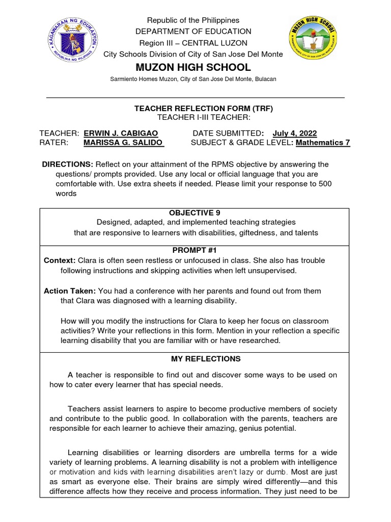 TRF For C.O - Indicator-9 | PDF | Learning | Learning Disability