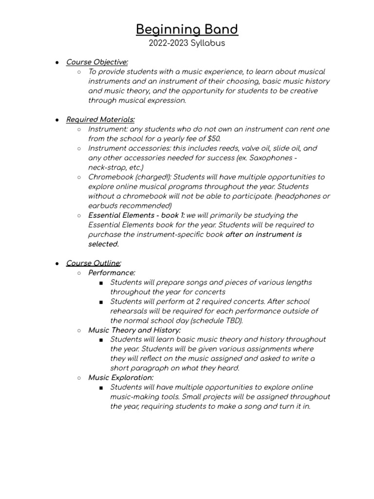 Beginning Band Syllabus 1 | PDF