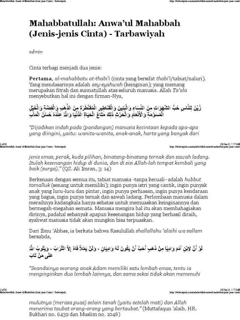 01 Mahabbatullah Anwa'Ul Mahabbah (Jenis-Jenis Cinta) - Tarbawiyah | PDF