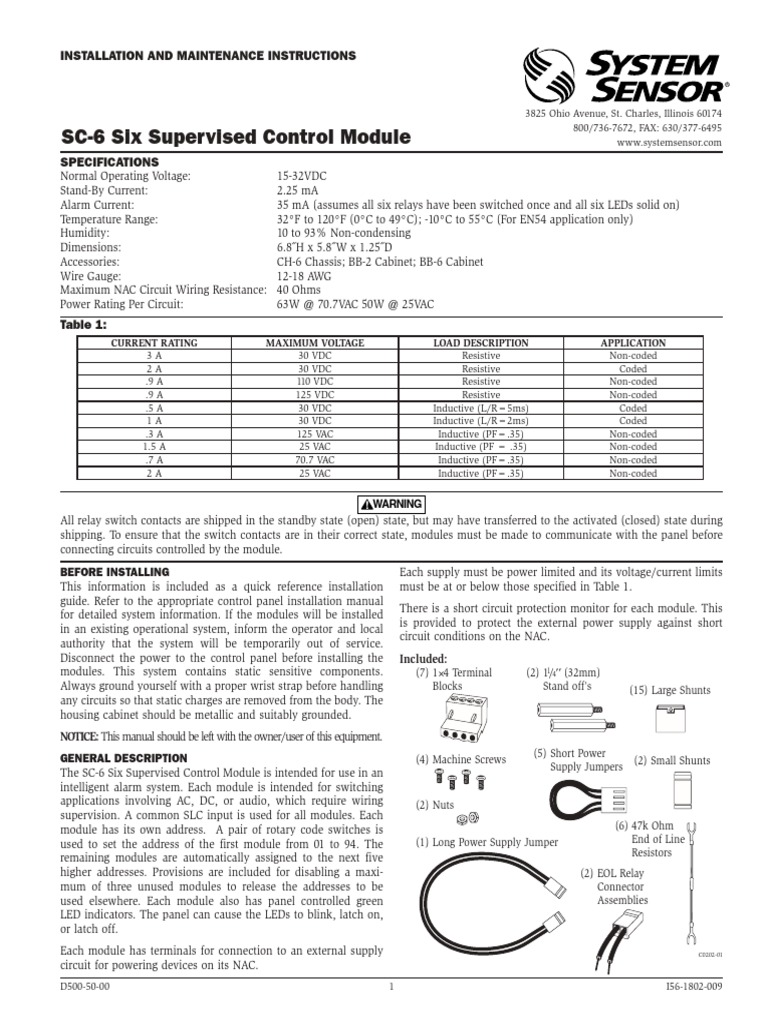 SC-6 Six Supervised Control Module: Installation and Maintenance Instructions | PDF | Relay ...