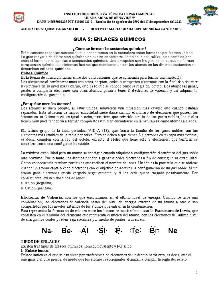 Guia 4 Enlace Quimico Grado 10 I Periodo | PDF | Enlace químico ...