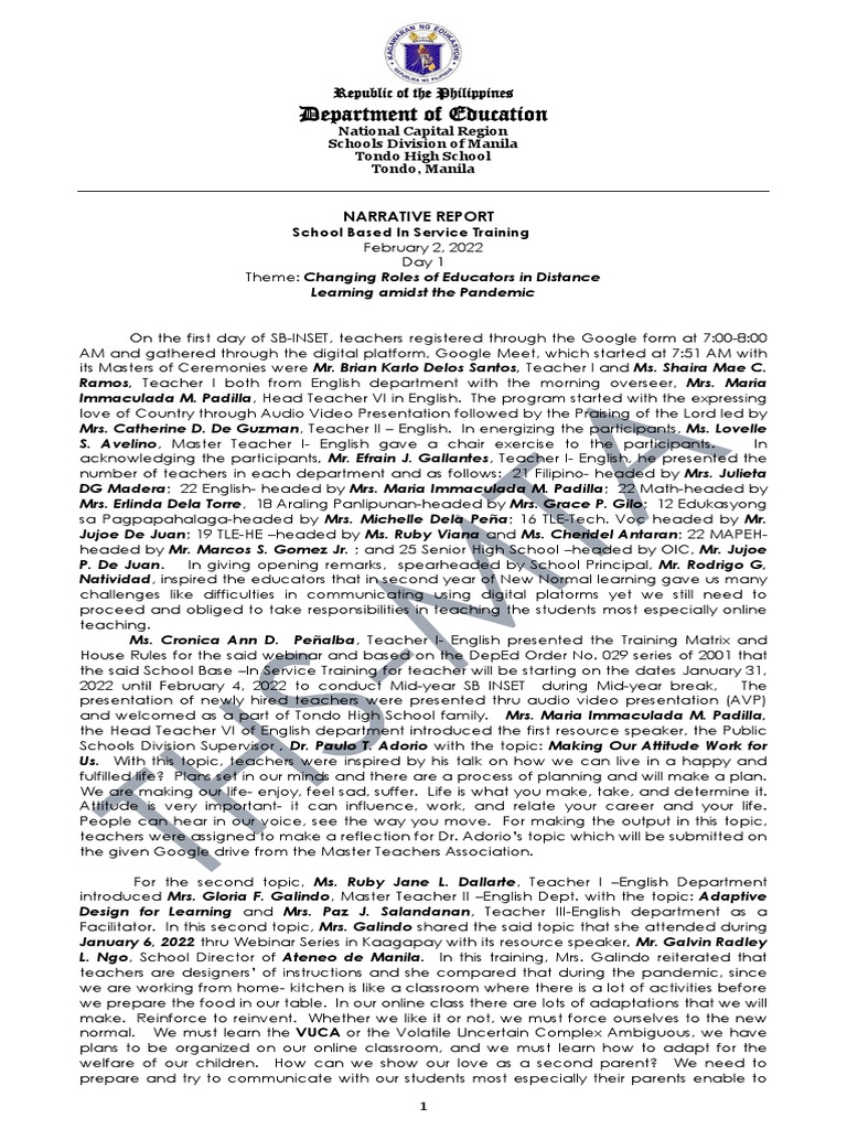 Narrative Report SB INSET 2022 PDF | PDF | Teachers | Educational ...