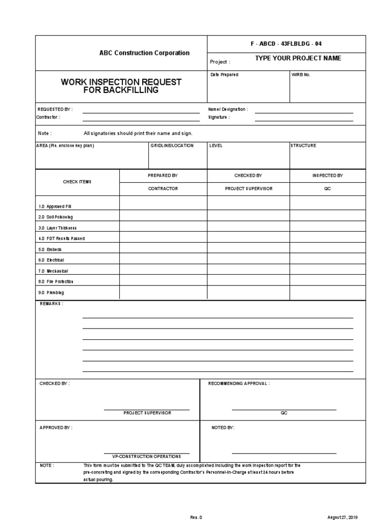 Work Inspection Request For Backfilling: ABC Construction Corporation ...