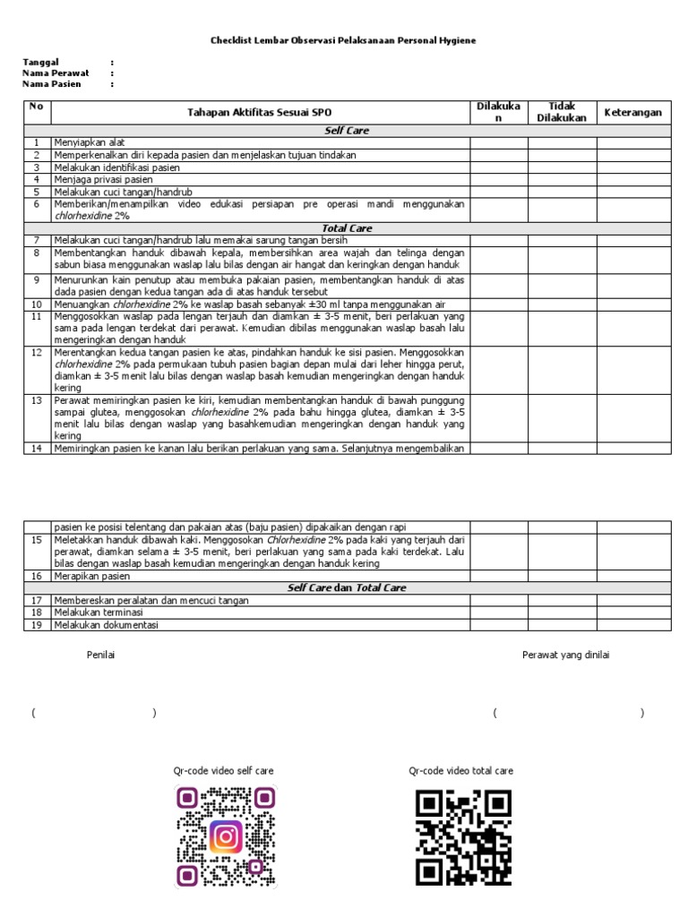 Checklist Lembar Observasi Pelaksanaan Personal Hygiene TTD | PDF