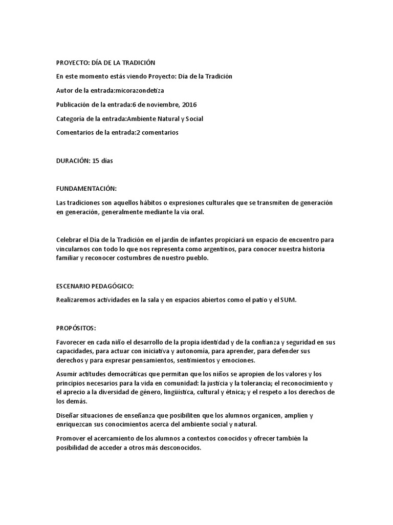 PROYECTO Día de La Tradición | PDF | Tradiciones | Educación de la ...