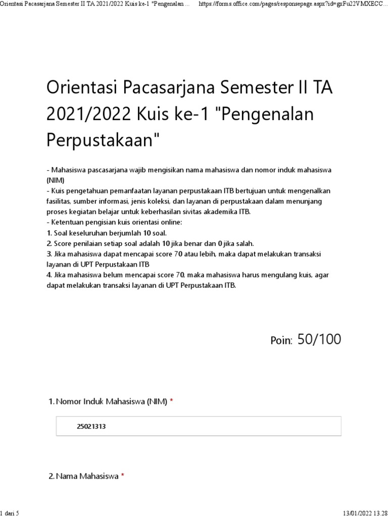 Orientasi Pacasarjana Semester II TA 2021 - 2022 Kuis Ke-1 'Pengenalan Perpustakaan' | PDF