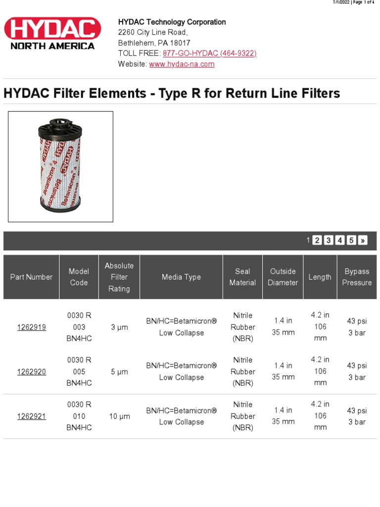 HYDAC Filter Elements - Type R For Return Line Filters | PDF ...