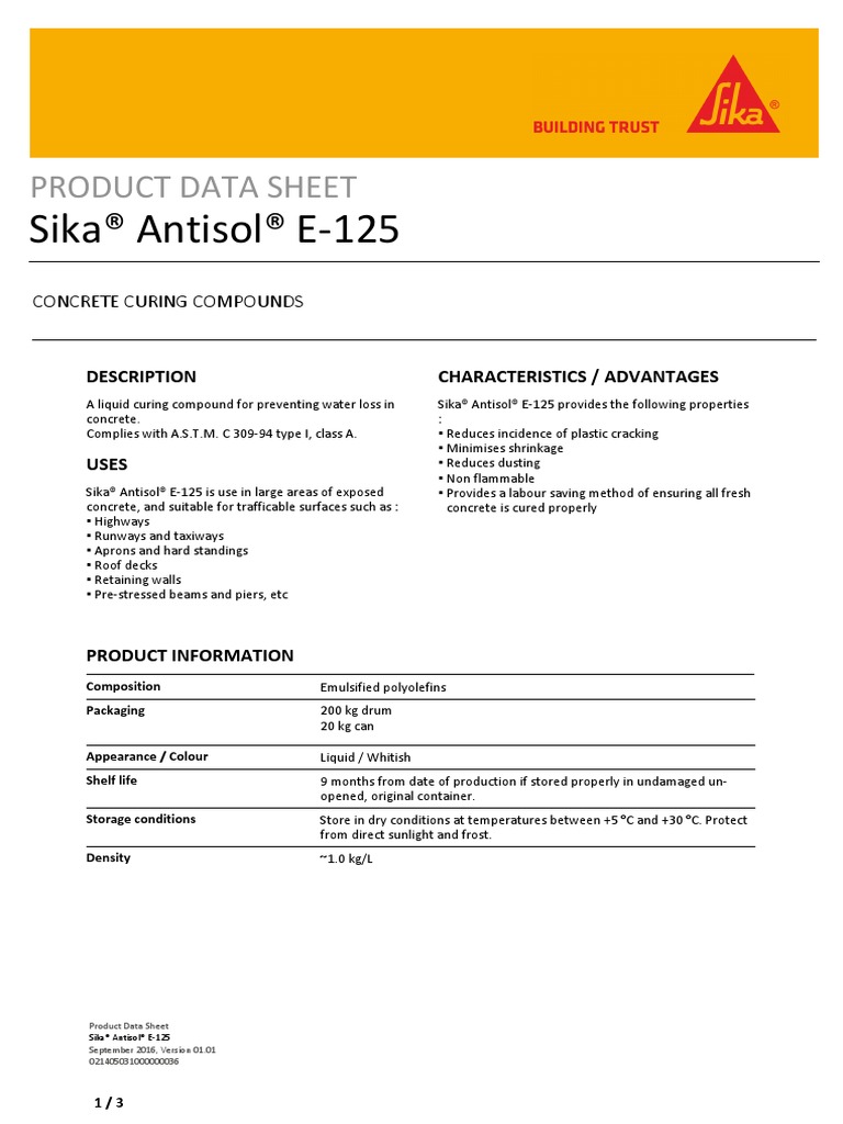 Sika® Antisol® E-125: Product Data Sheet | Download Free PDF | Concrete | Water