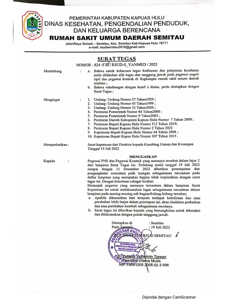 Surat Tugas Terbaru RSUD Semitau | PDF