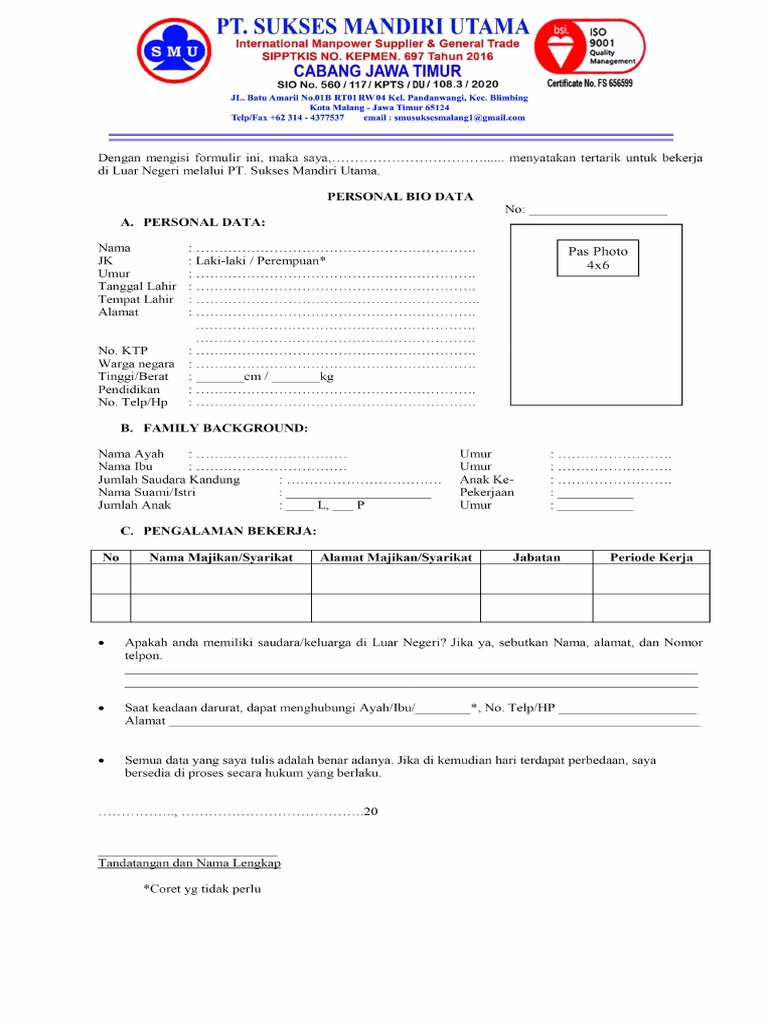 Form Pendaftaran PT - SMU | PDF