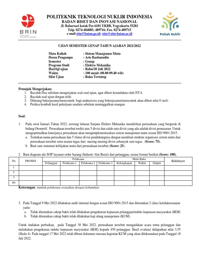 01 - Soal UAS Sistem Manajemen Mutu Elmek 2022 | PDF | Bisnis