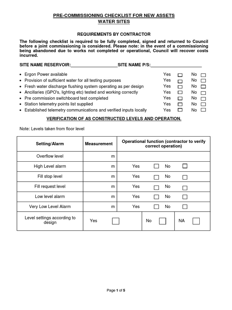 Pre-Commissioning Checklist For New Assets Water Sites: Page 1 of 5 ...