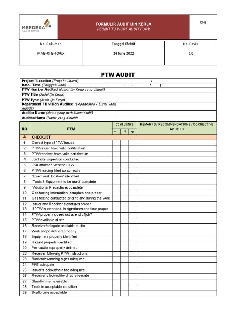PTW Audit Checklist | PDF | Audit | Business