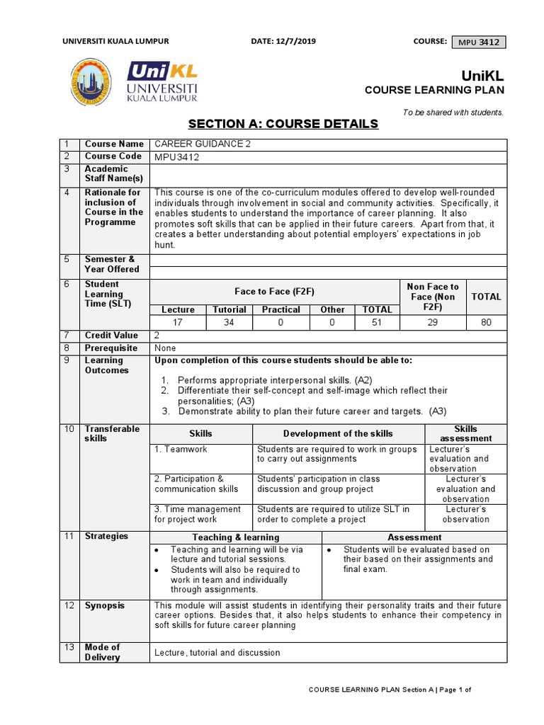 CLP - MPU 3412 CAREER GUIDANCE 2 (Lesson Plan) | PDF | Cognition ...