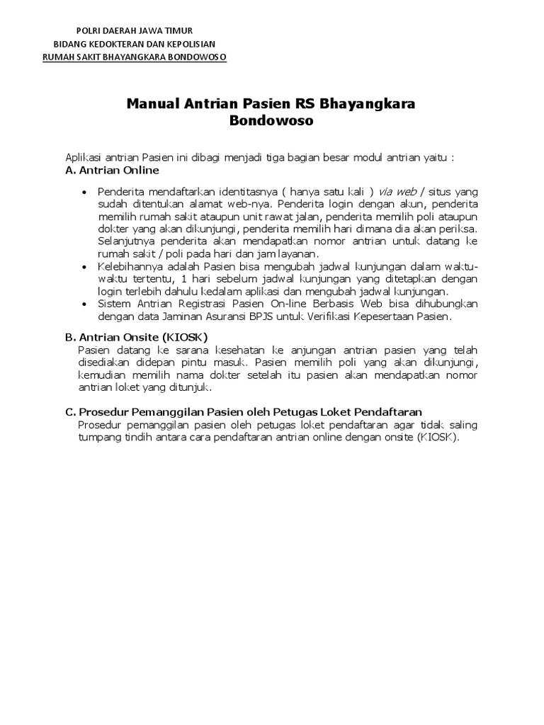 Manual Antrian Pasien RS Bayangkara BWS | PDF