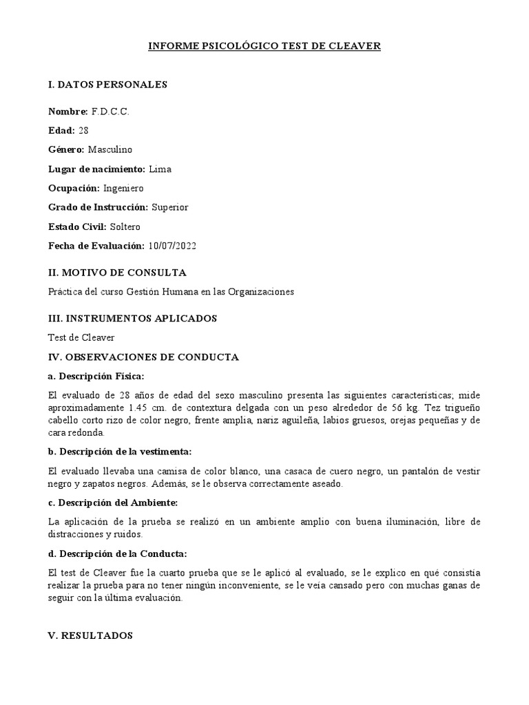 Informe Psicológico: Test de Cleaver | PDF | Crecimiento personal y ...