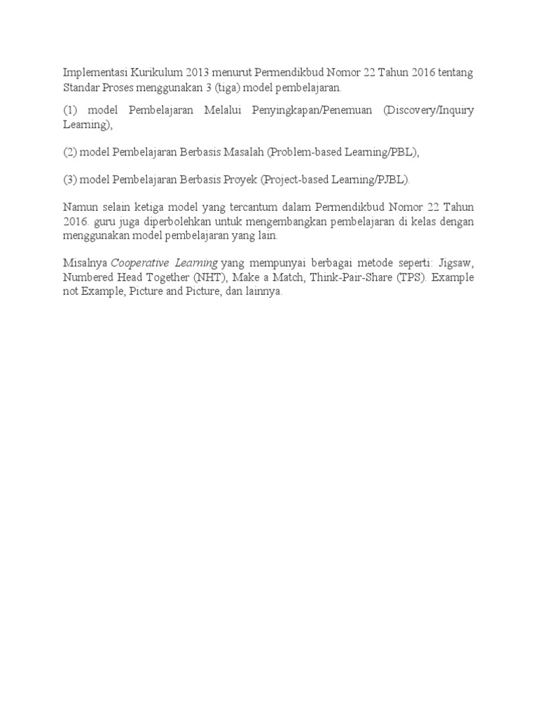 Implementasi Kurikulum 2013 Menurut Permendikbud Nomor 22 Tahun 2016 Tentang Standar Proses 
