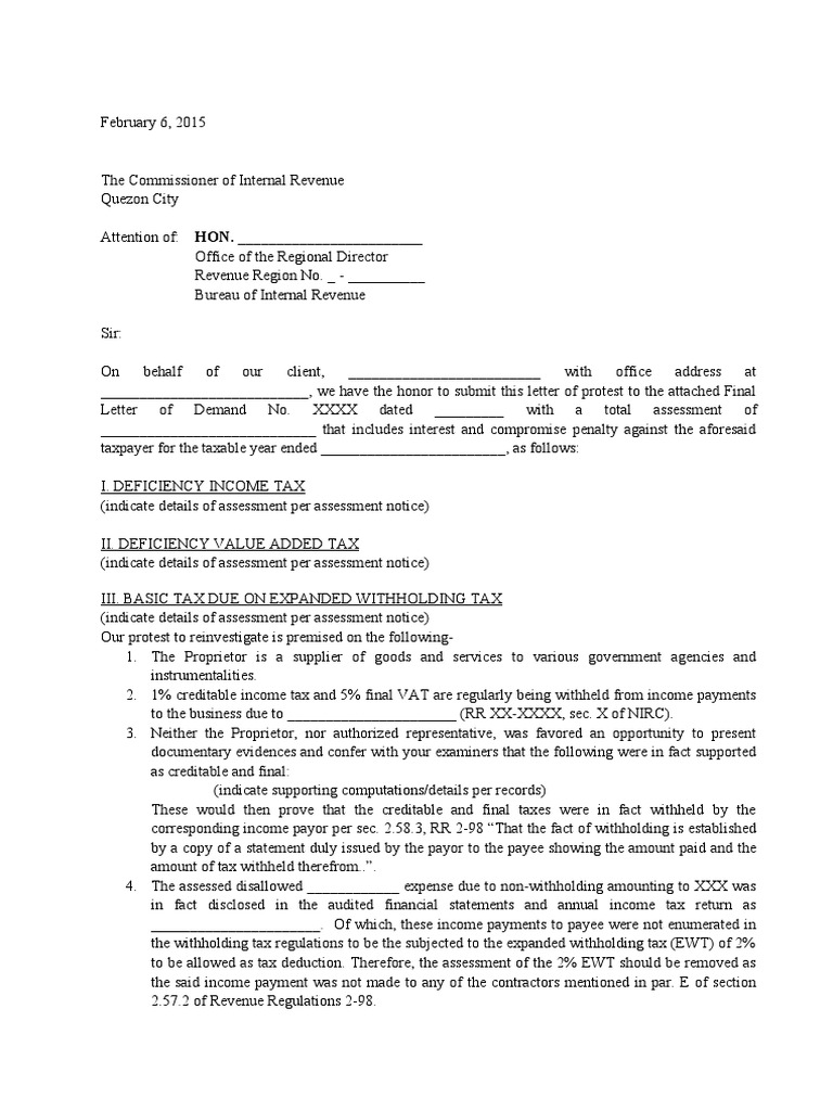 Sample Protest Letter | PDF | Taxes | Payments