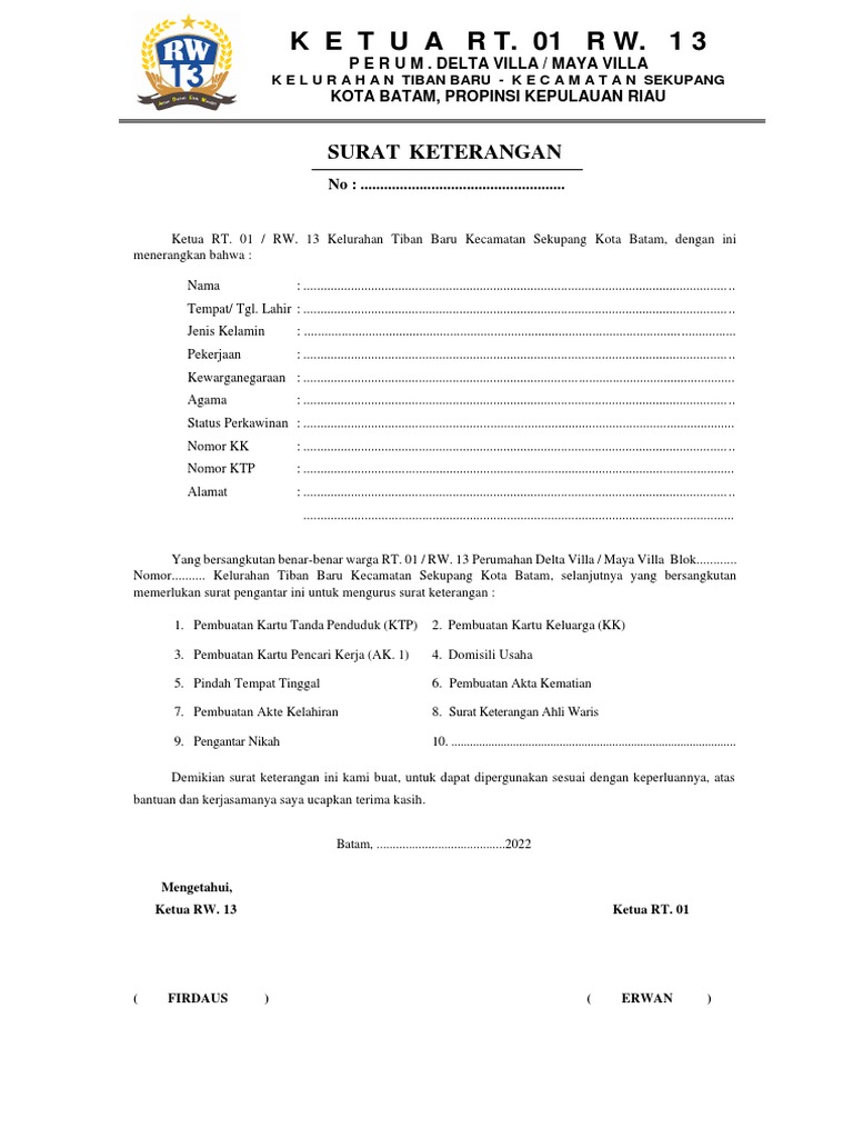 Surat Keterangan RT/RW Tiban Baru | PDF
