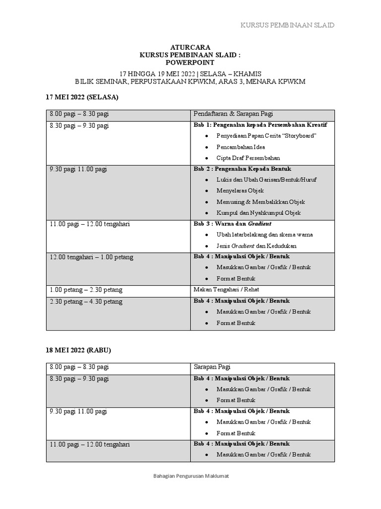 Tentatif - Kursus Pembinaan Slaid 17-19 Mei 2022 | PDF