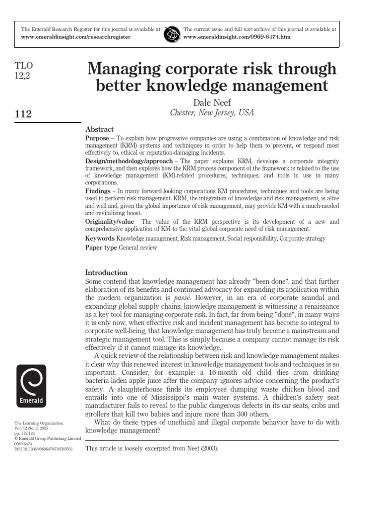 Managing Corporate Risk Through Better Knowledge Management Neef2005 ...