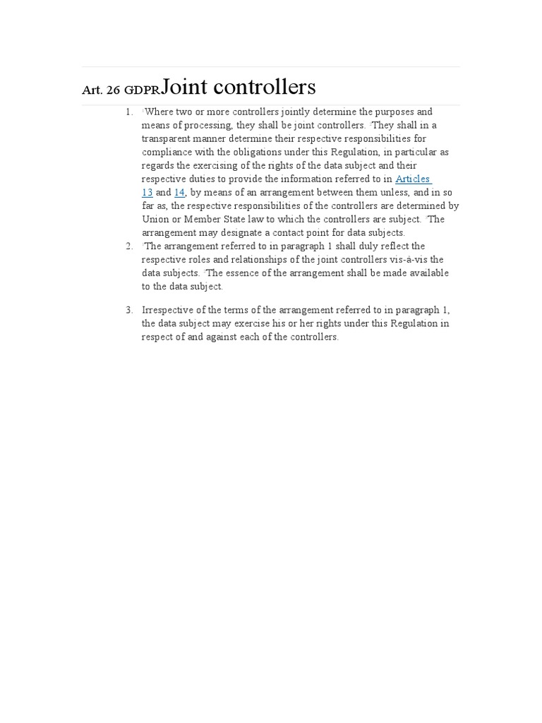 Joint Controllers: Art. 26 GDPR | PDF
