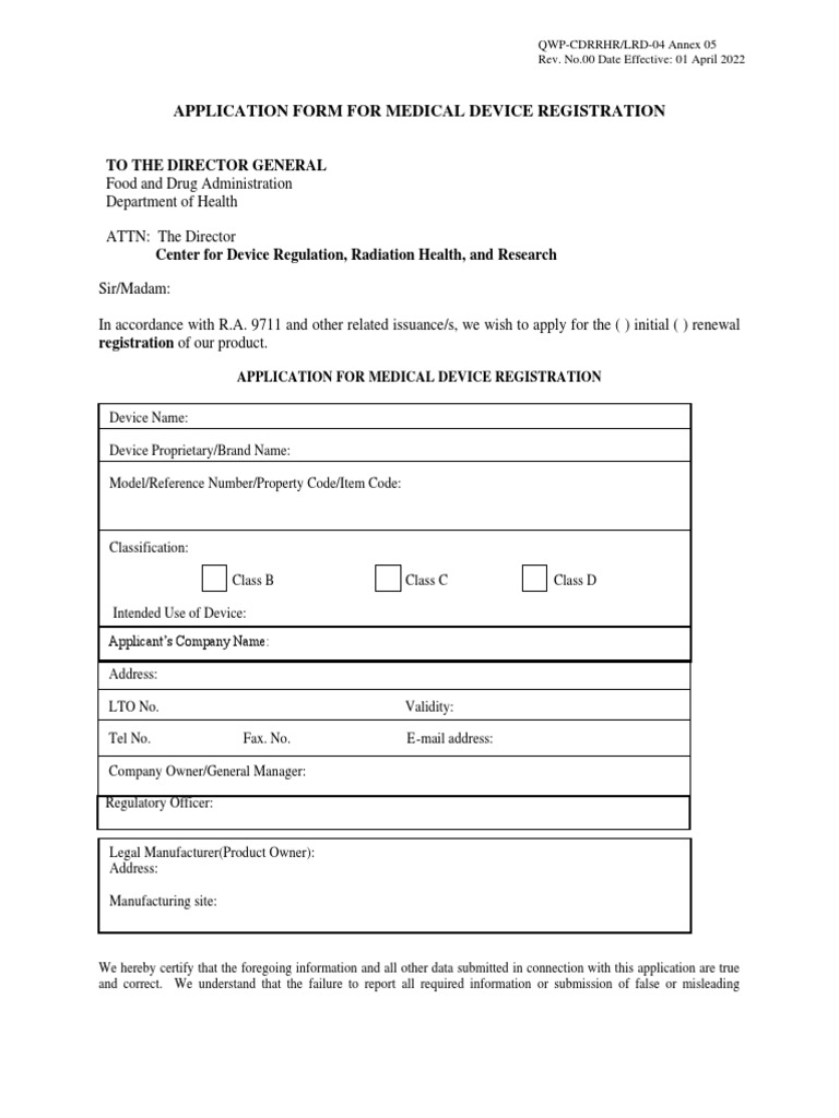 Application Form For Medical Device Registration: To The Director ...