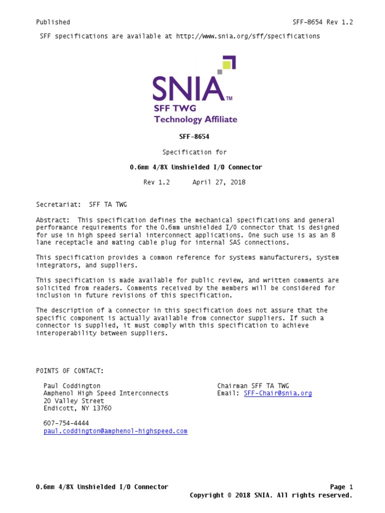 SFF-8654 Rev1.2 | PDF | Electrical Connector | Ac Power Plugs And Sockets