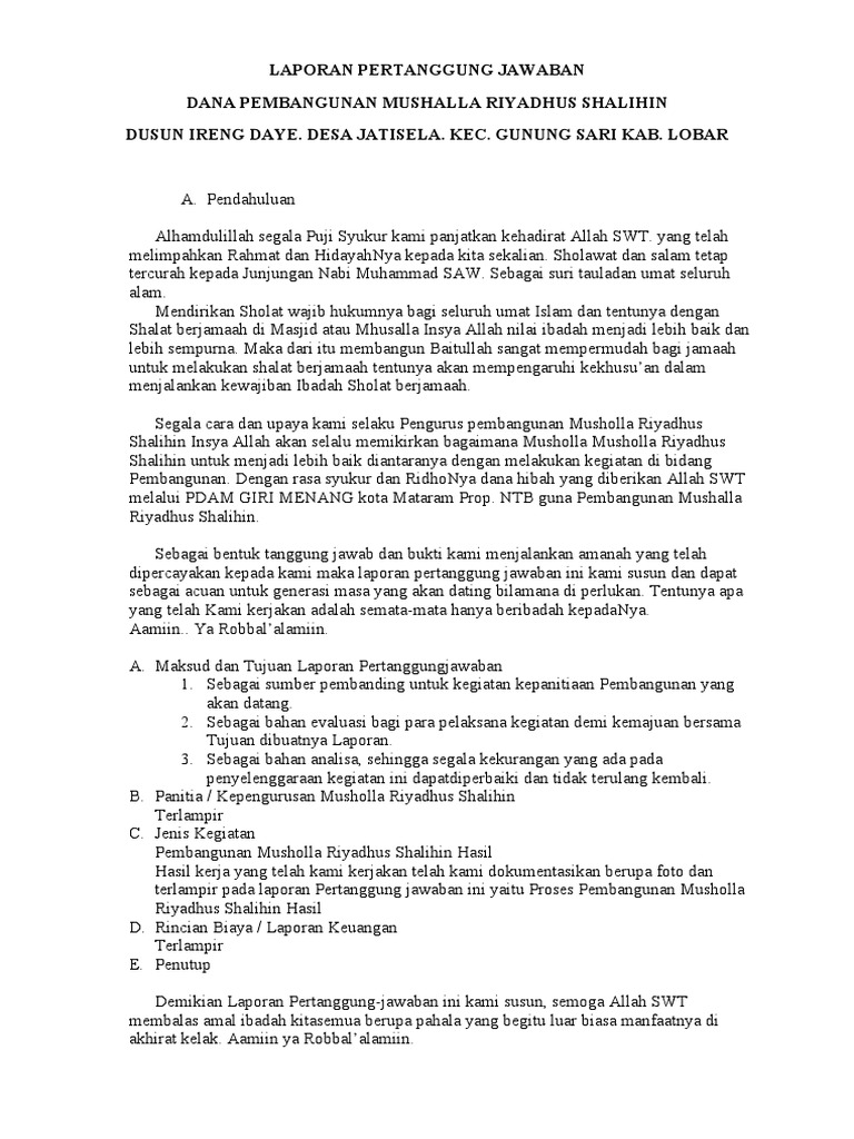 CONTOH LAPORAN PERTANGGUNG JAWABAN (LPJ) Pembangunan Mhushalla | PDF