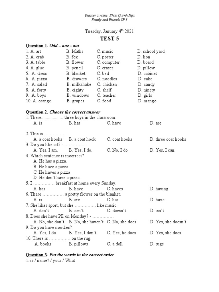 Grade 3 - TEST 5 | PDF