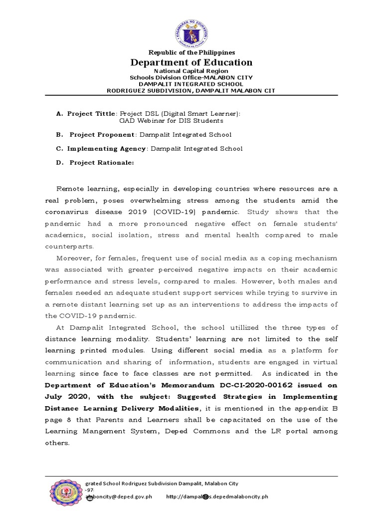 Project Proposal For Students GAD Training | PDF | Distance Education ...