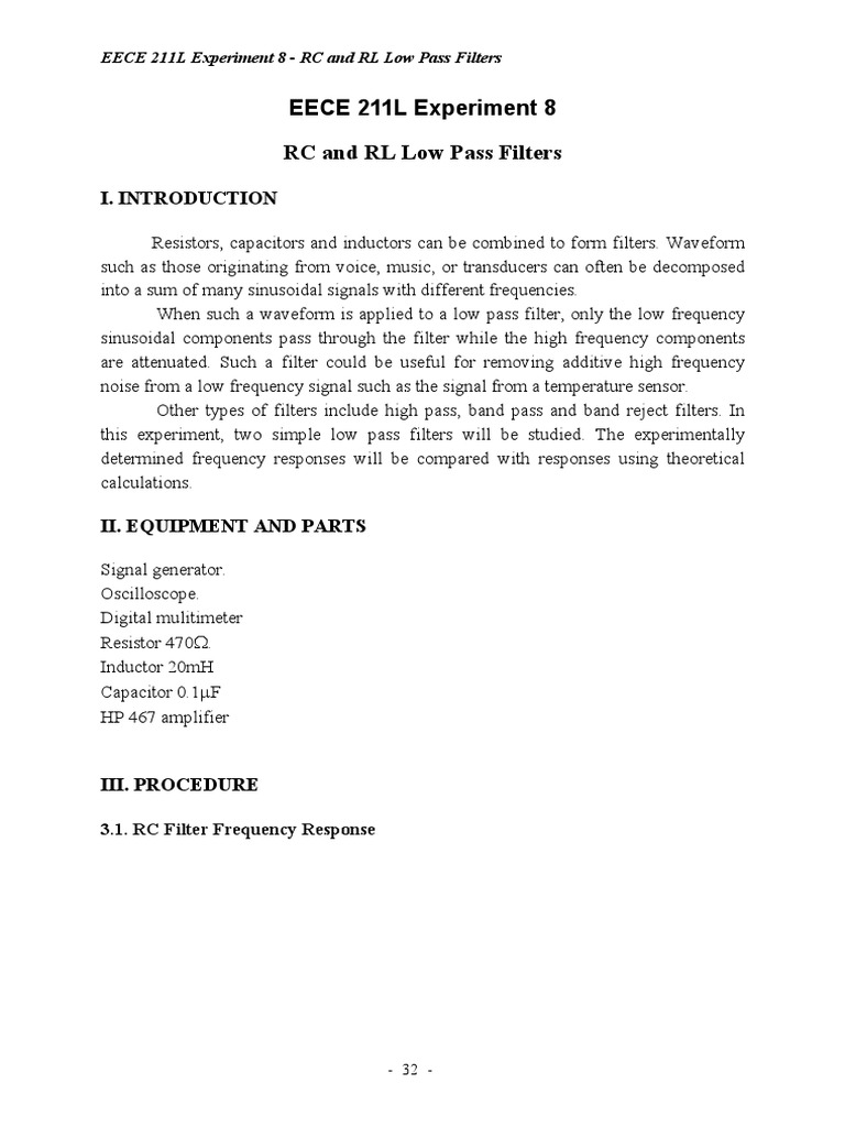 EECE 211L Experiment 8 - RC and RL Low Pass Filters | PDF | Electronic ...
