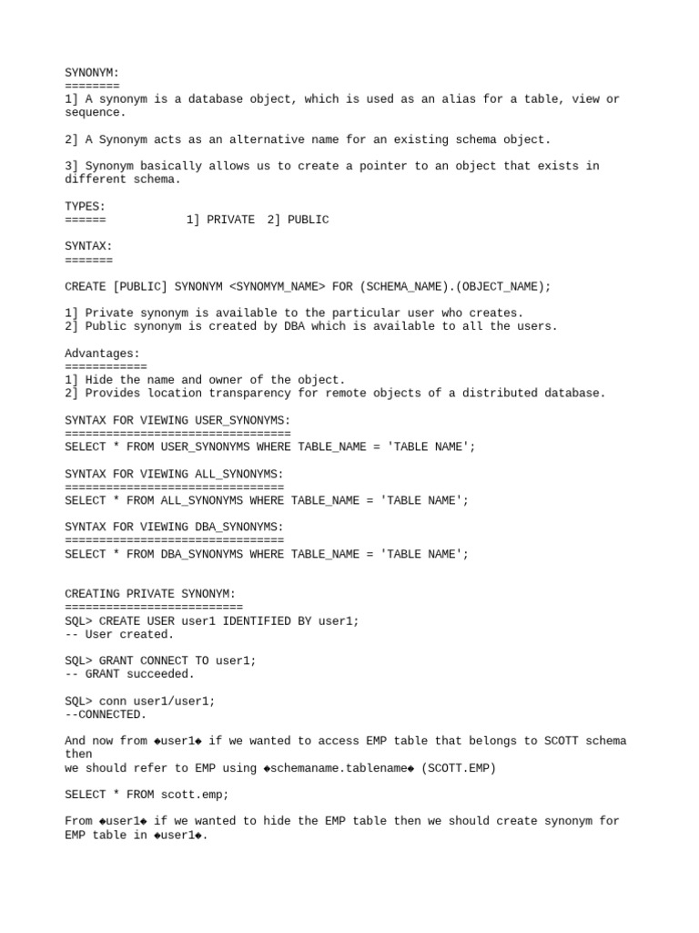Synonym Usage in Databases | PDF | Database Schema | Computer Programming