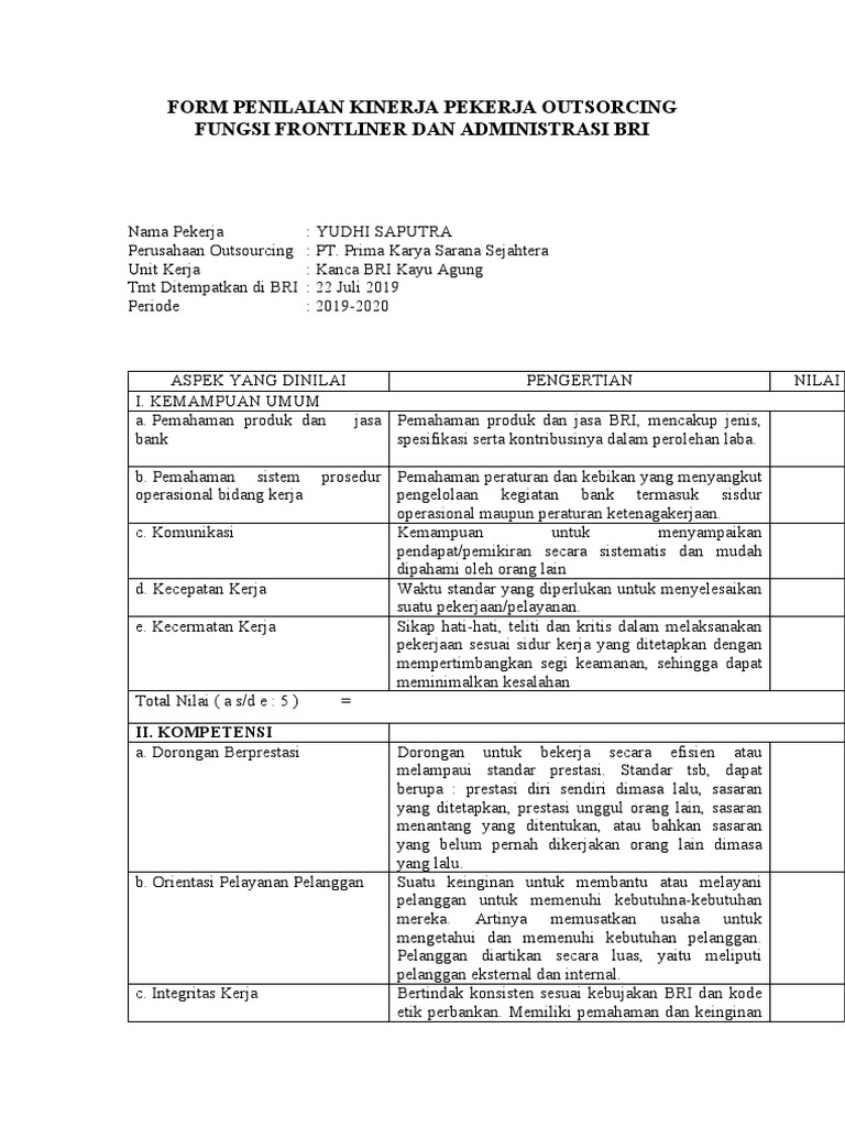 Form Penilaian Kinerja Pekerja Outsorcing | PDF | Karier & Perkembangan ...