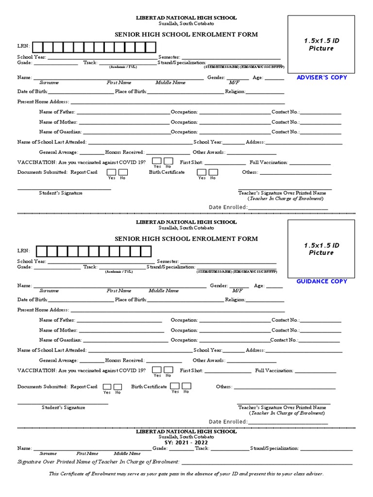 Senior High School Enrolment Form: 1.5x1.5 ID Picture | PDF