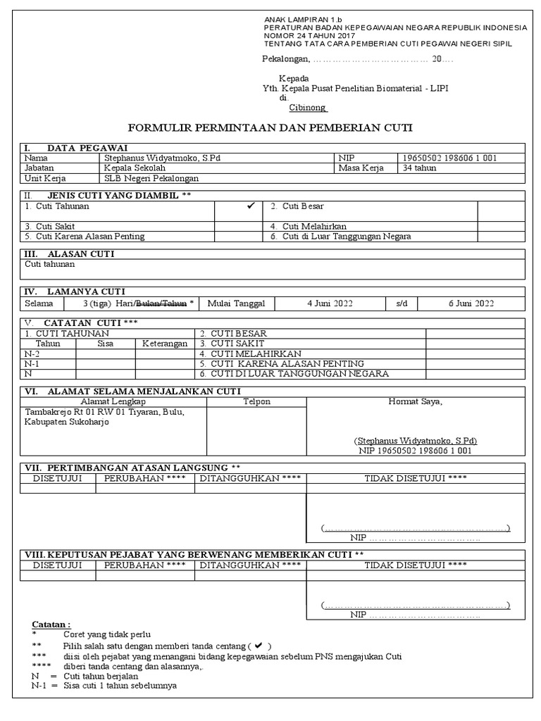 Formulir Cuti Pns Sesuai Perka BKN Nomor 24 Tahun 2017 | PDF