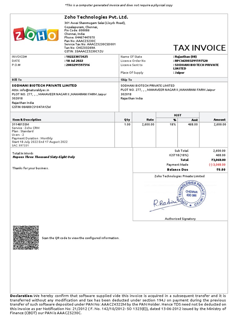 Tax Invoice: Zoho Technologies Pvt. LTD | PDF | Invoice | Government ...