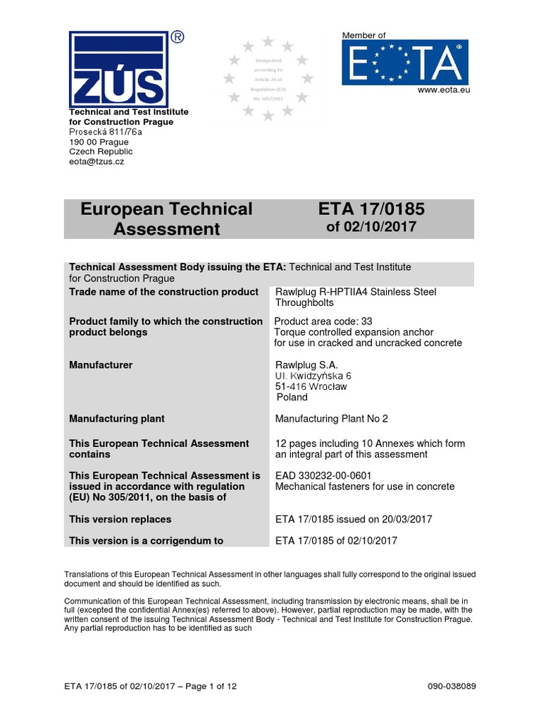 European Technical Assessment ETA 17/0185: Technical and Test Institute ...