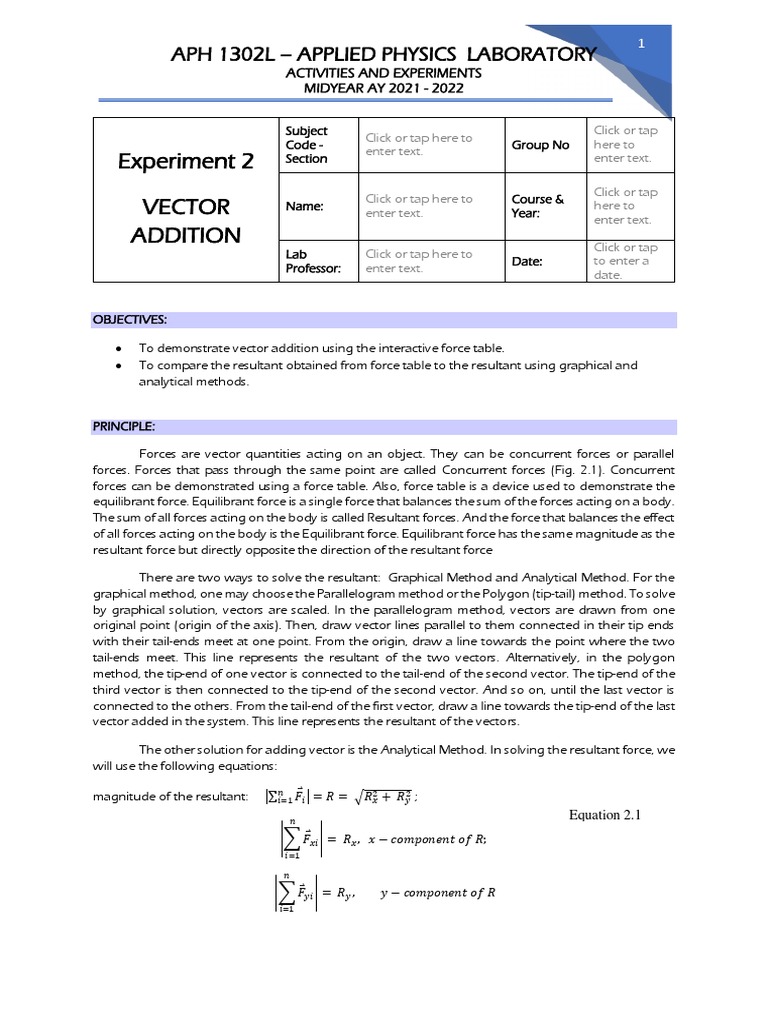 Experiment 1 Addition of Vectors LABORATORY REPORT SHEET | PDF | Force ...