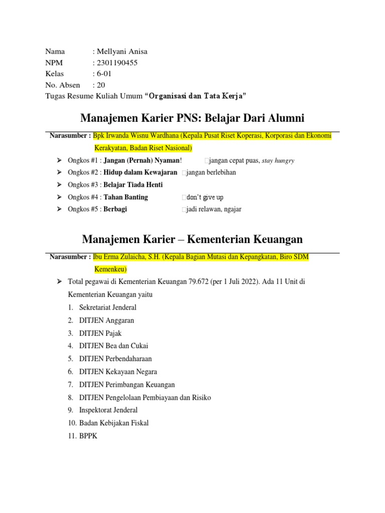 20 - Mellyani Anisa - Resume Kuliah Umum | PDF | Karier & Perkembangan