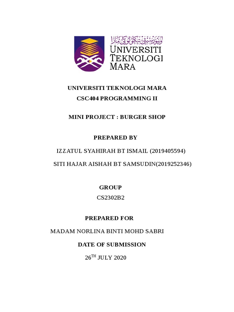 Universiti Teknologi Mara Csc404 Programming Ii Mini Project: Burger Shop | PDF | Pointer ...