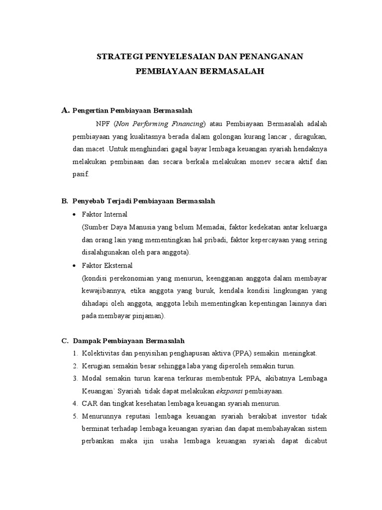 Strategi Penyelesaian Dan Penanganan Pembiayaan Bermasalah | PDF